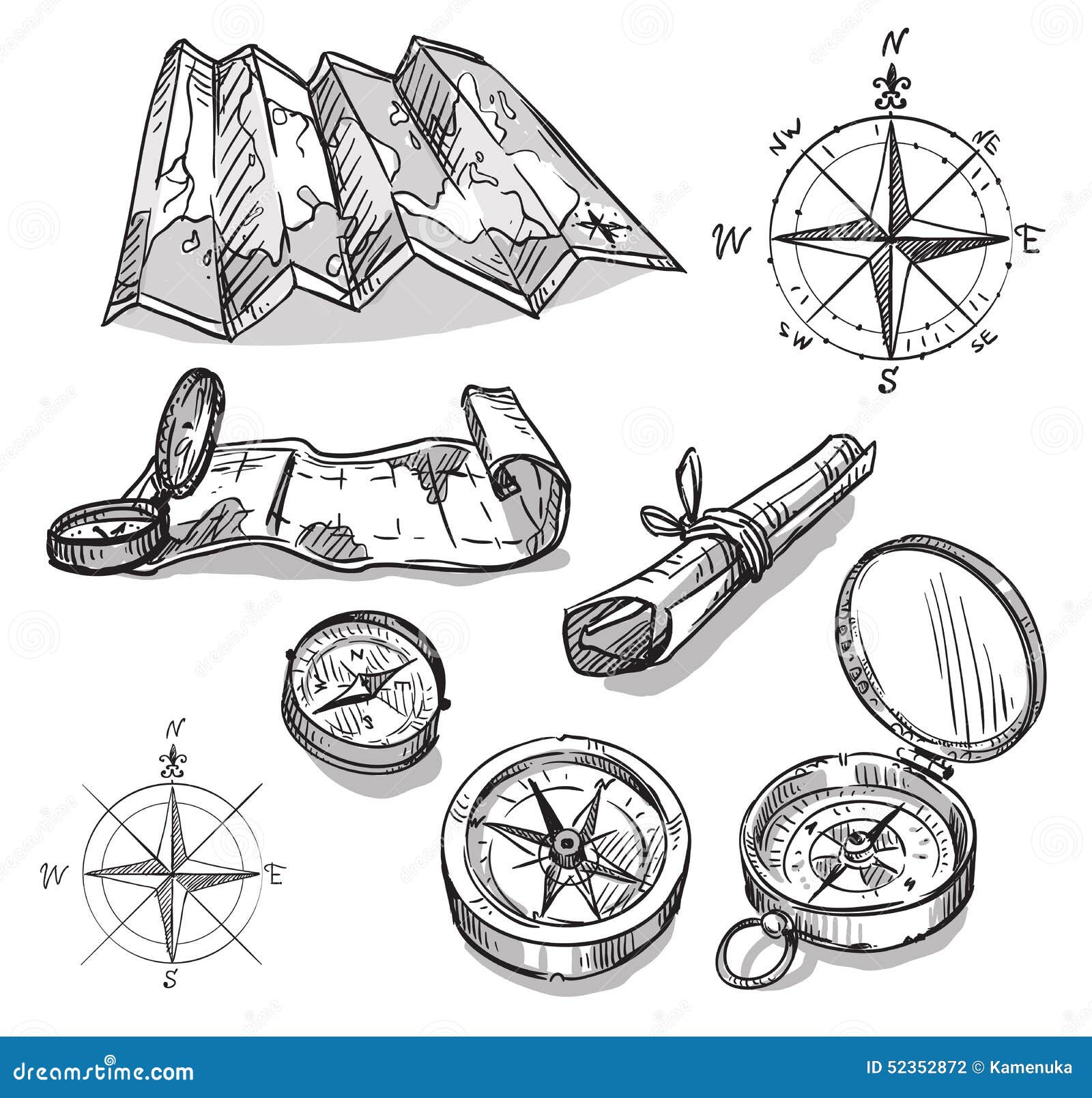 Insieme Delle Bussole E Delle Mappe Disegnate a Mano Illustrazione ...