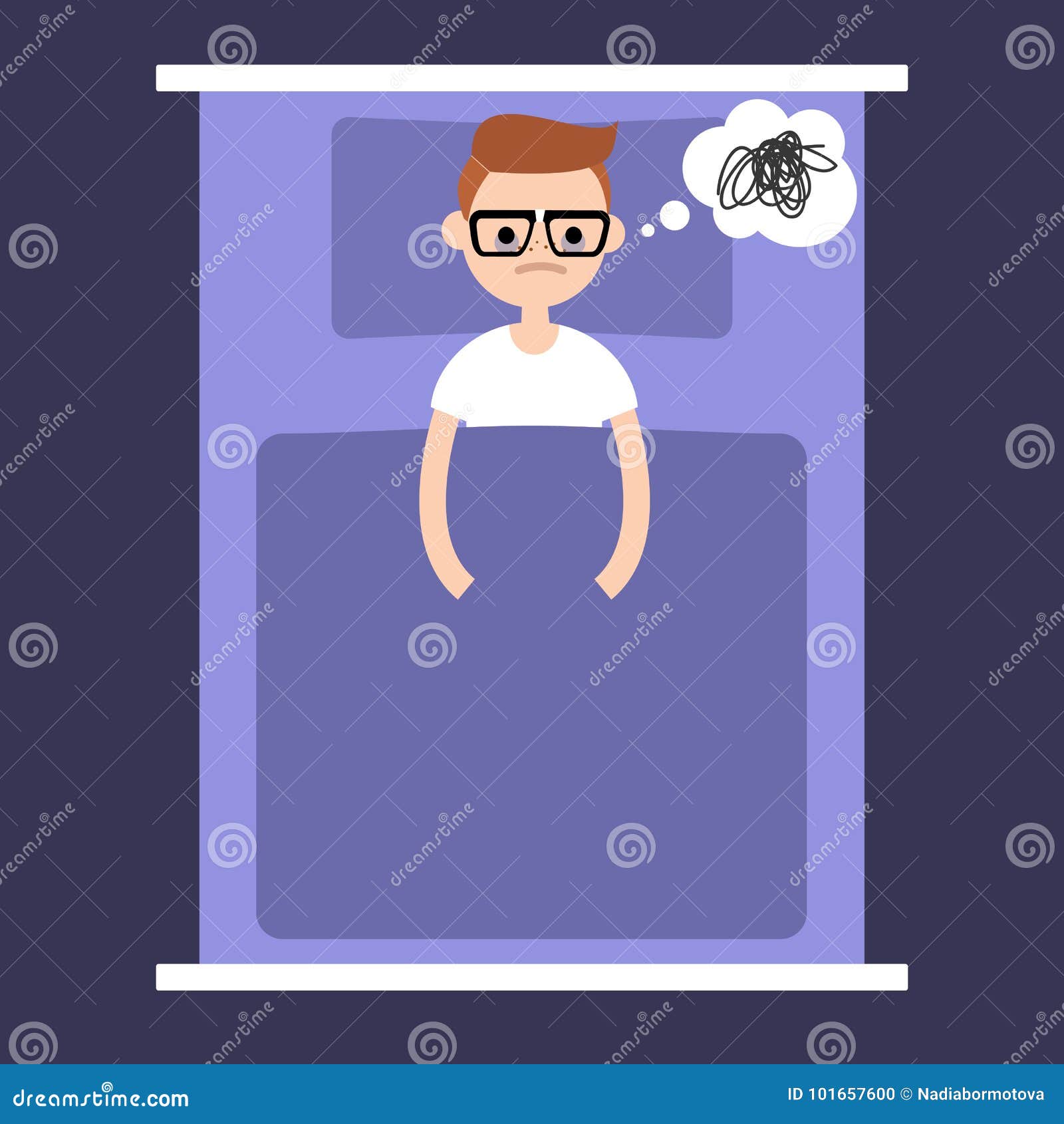 Insomnia Conceptual Illustration. Young Nerd Lying in the Bed Wi Stock ...