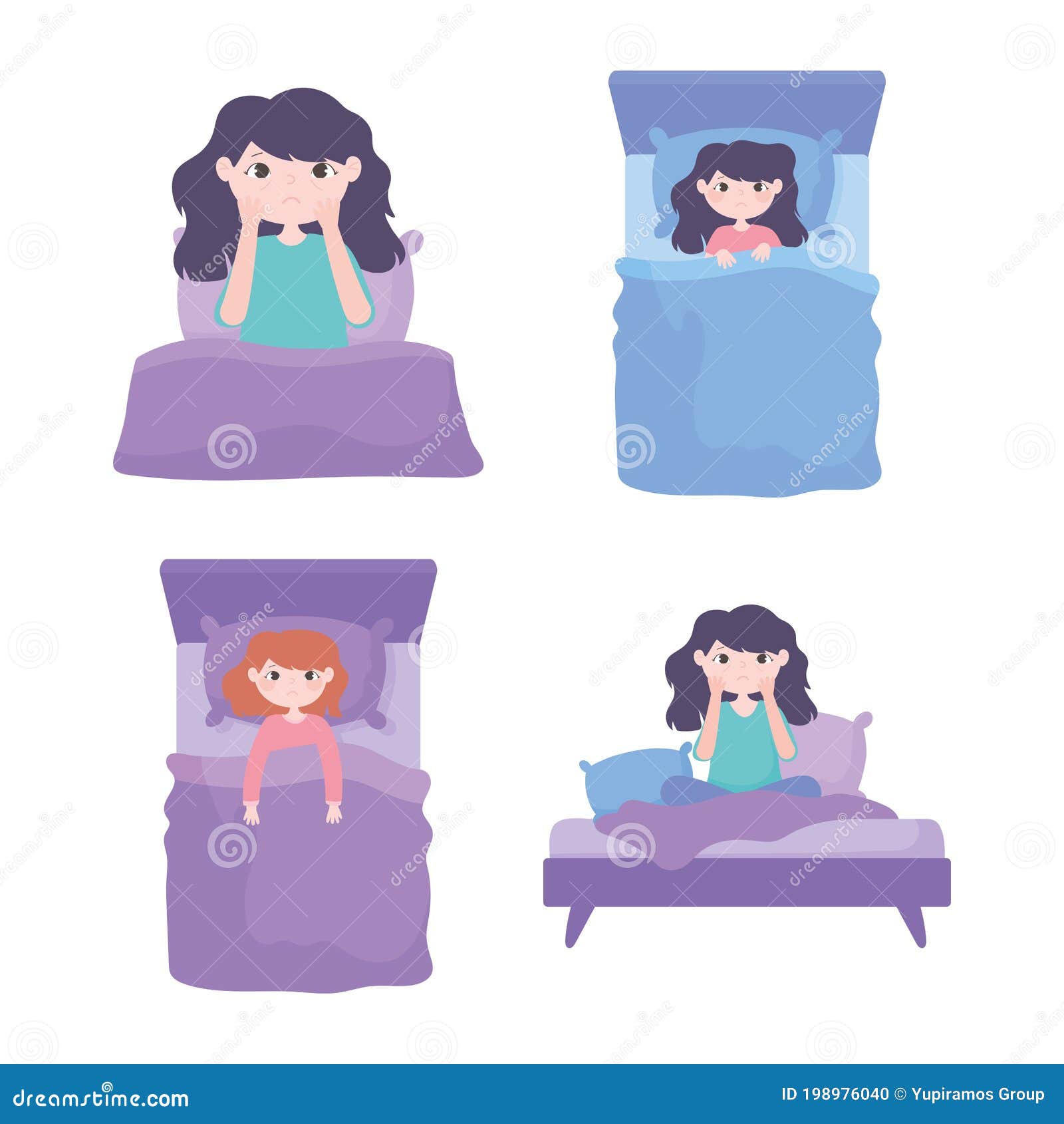 Insomnia, Different Character in Bed Sleepless Cartoon Stock Vector ...