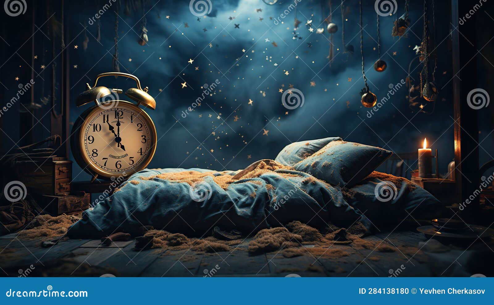 Insomnia. Moonlit Sky, Bed and Clock. Created with Generative AI Stock ...