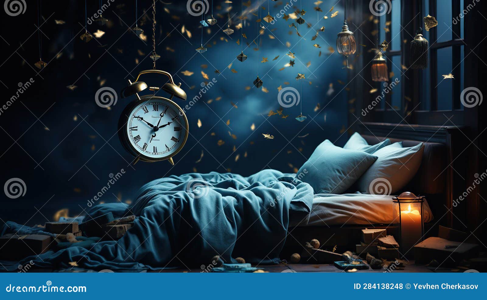 Insomnia. Moonlit Sky, Bed and Clock. Created with Generative AI Stock ...