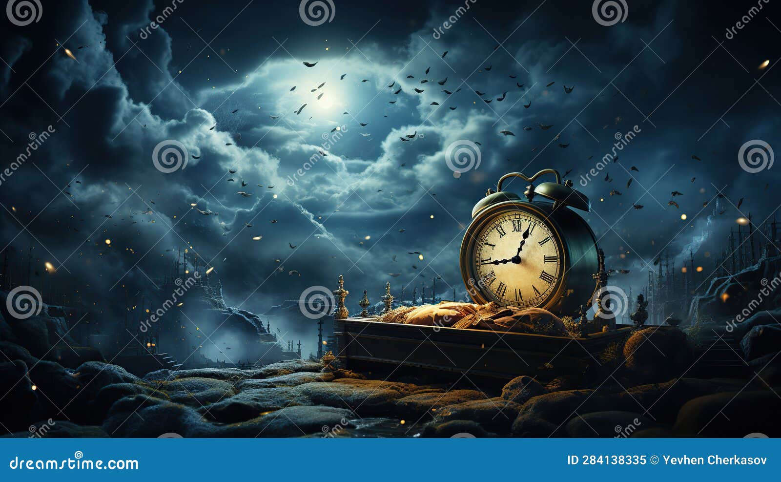 Insomnia. Moonlit Sky, Bed and Clock. Created with Generative AI Stock ...