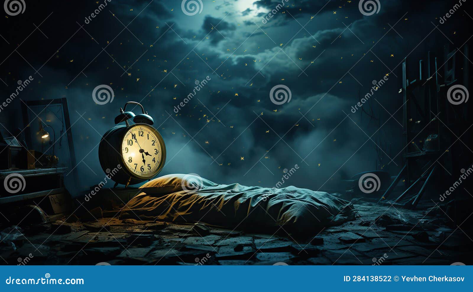 Insomnia. Moonlit Sky, Bed and Clock. Created with Generative AI Stock ...