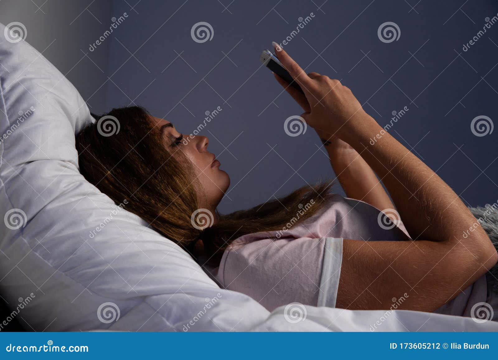 Insomnia at Night. Young Lady Watching Phone Alone in the Bed at Home ...