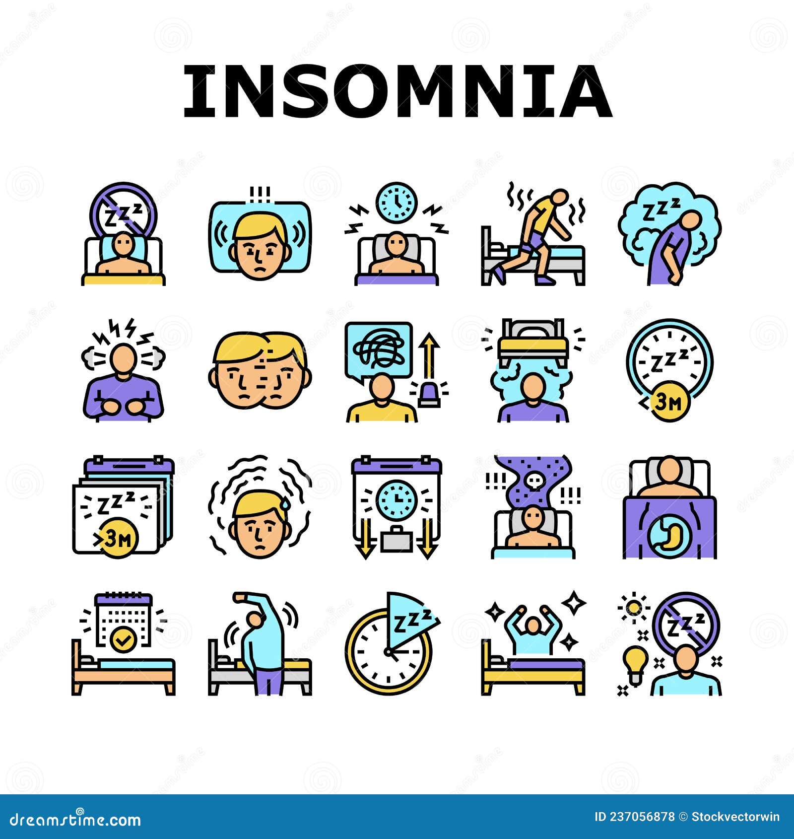 Insomnia Person Chronic Problem Icons Set Vector Stock Vector ...
