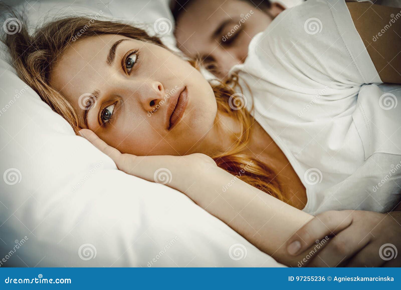 Insomnia problems in bed. stock photo. Image of morning - 97255236