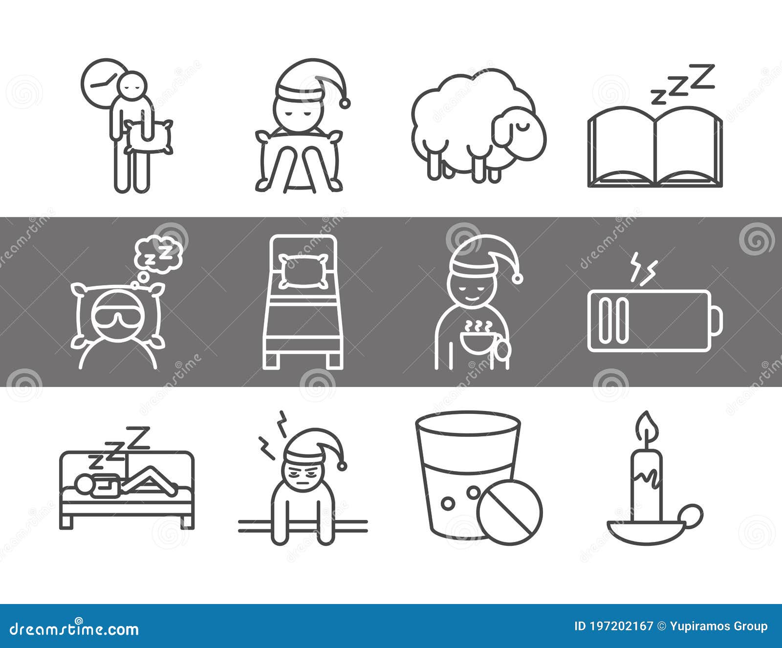 Insomnia Sleep Problems Disorder Set Linear Icons Style Stock Vector ...