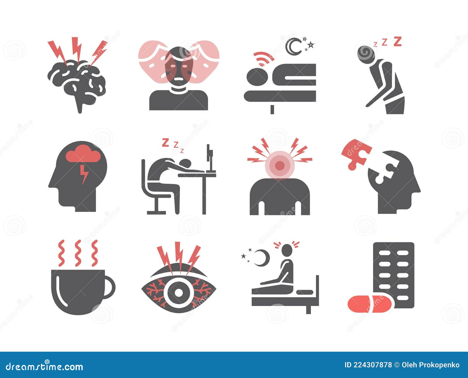 Insomnia, Symptoms. Flat Icons Set. Vector Signs for Web Graphics ...