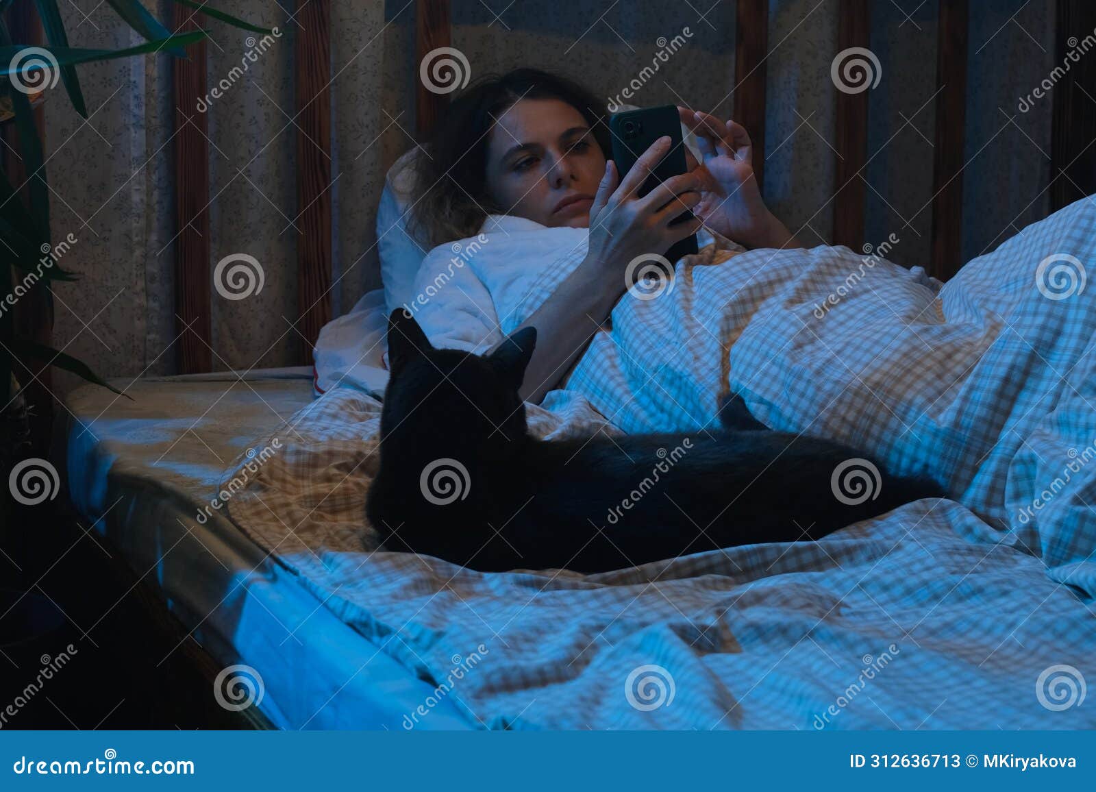 Insomnia. Woman Lying Awake in Bed at Night. Stock Image - Image of ...