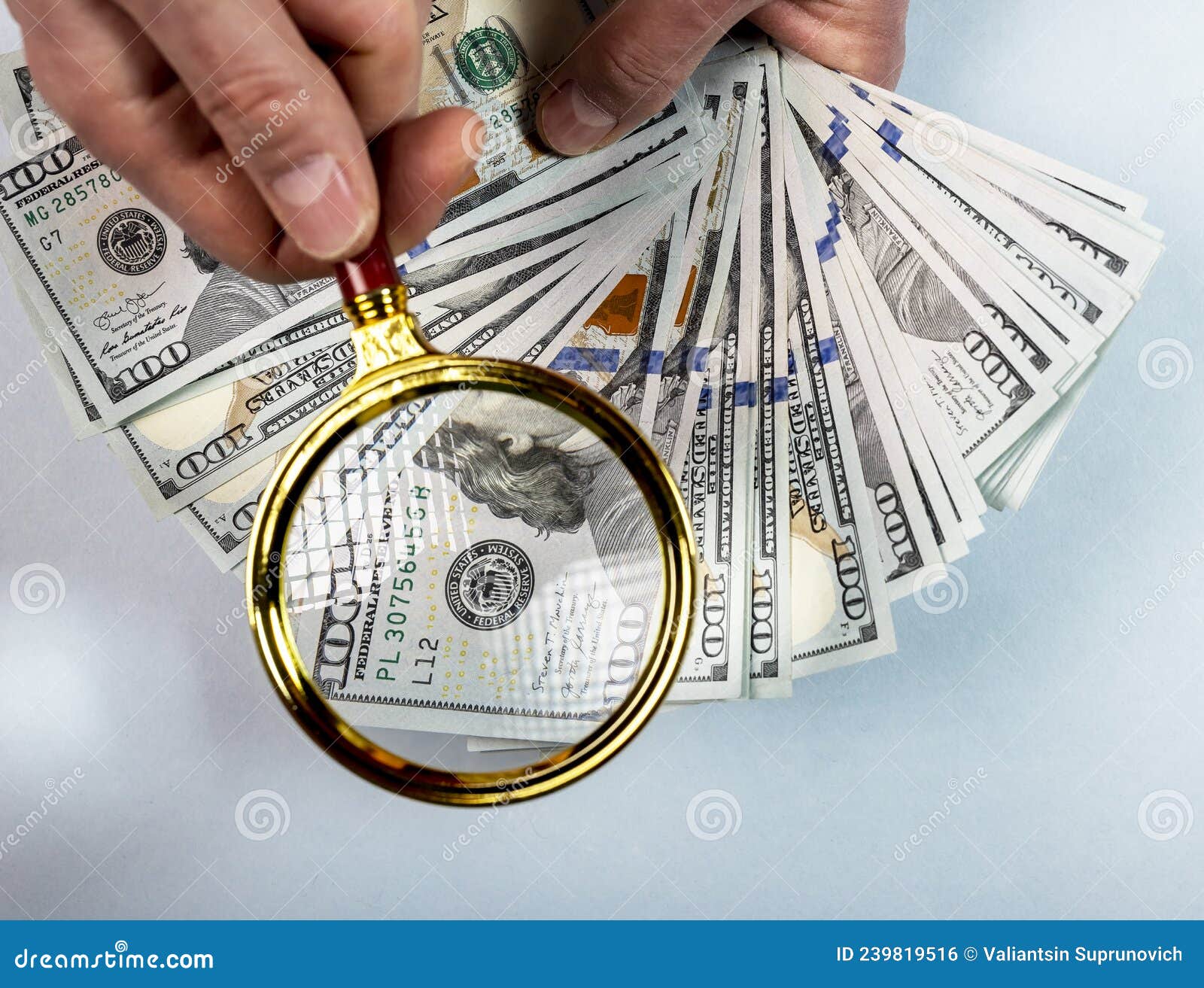 Inspection of Dollar Banknote through Magnifying Glass Stock Photo ...