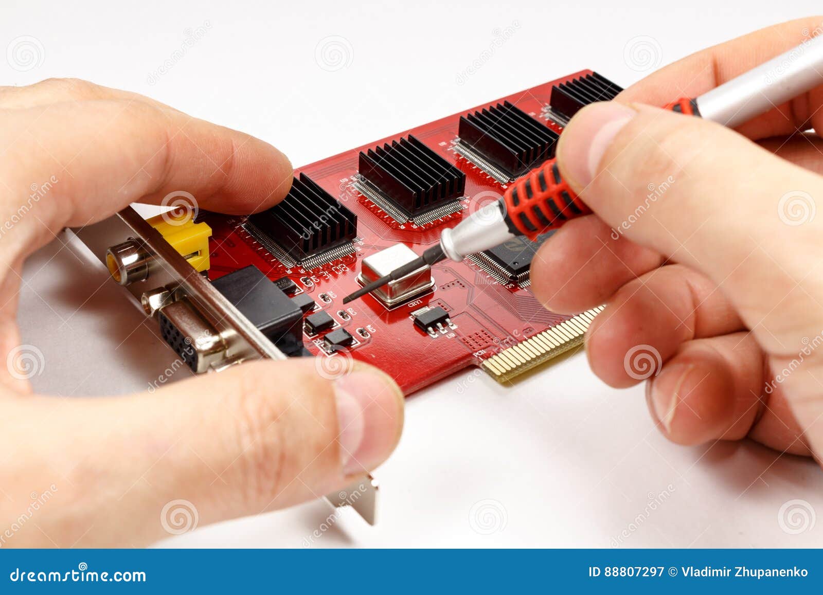 Inspection Of Electronic Components DVR Motherboard On White Background ...
