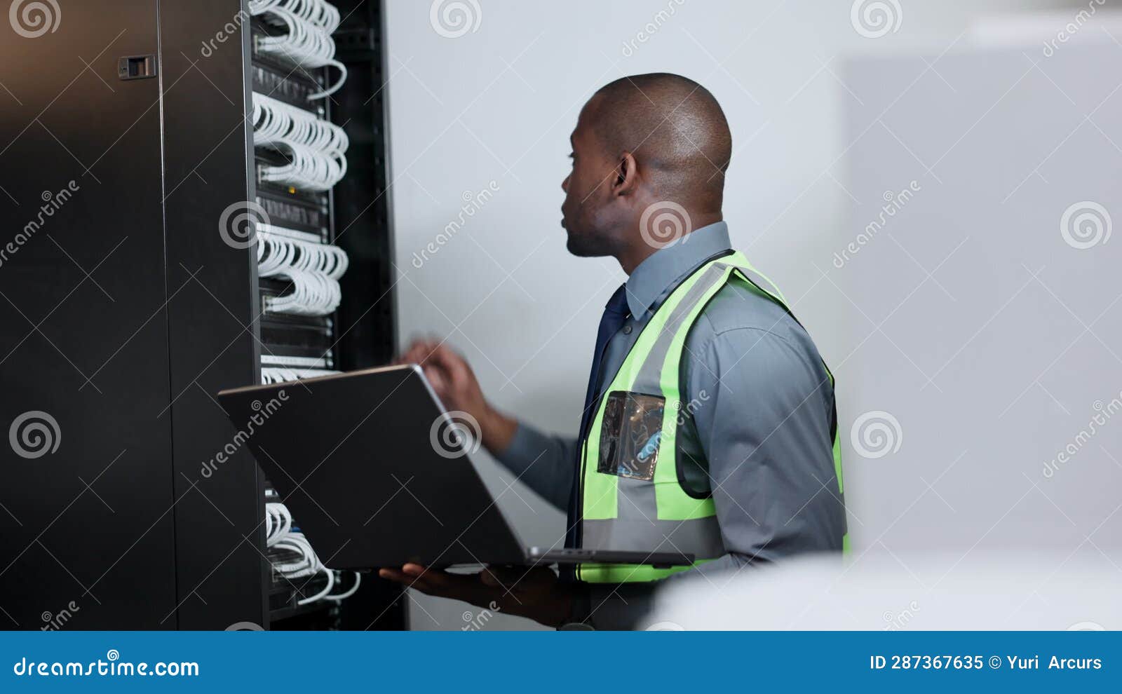 Inspection, Laptop or Black Man in Server Room, Cyber Security or ...
