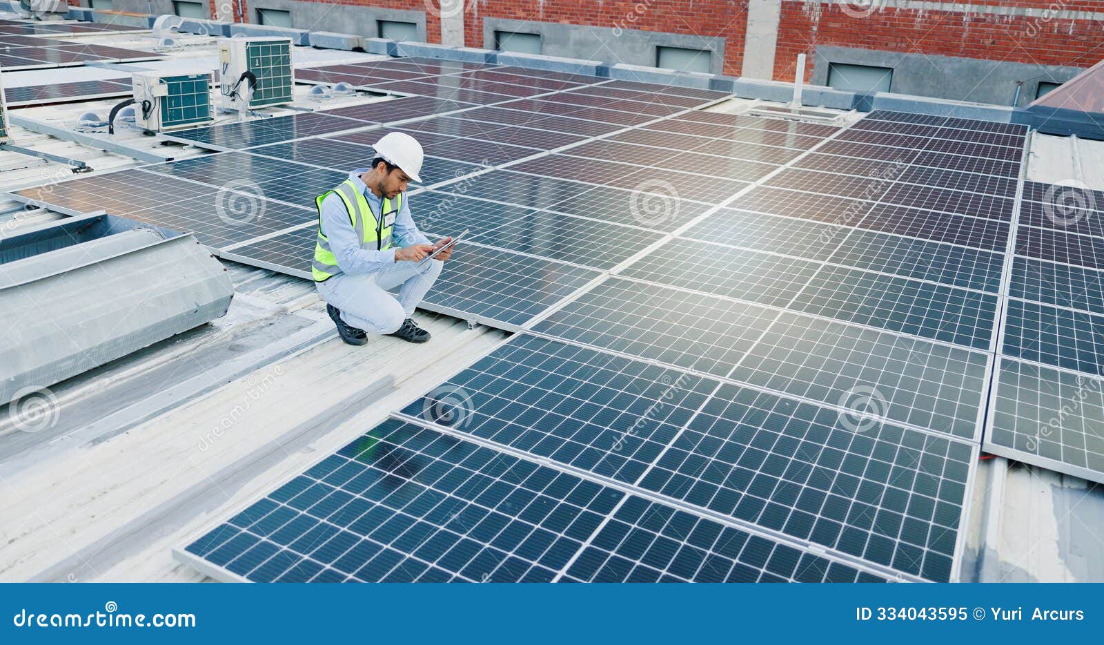 Inspection, Man and Tablet for Solar Panels, Energy Saving and ...