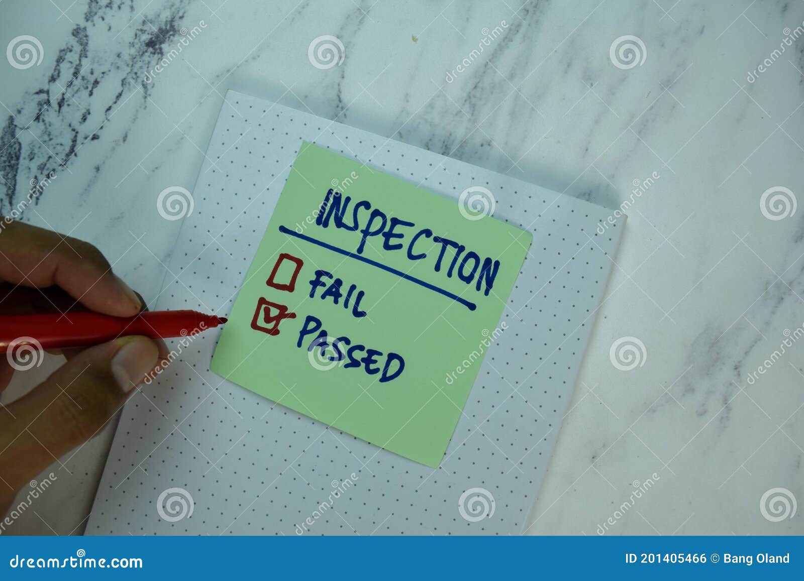 Inspection Write on Sticky Note Isolated on Wooden Table. Supported by ...