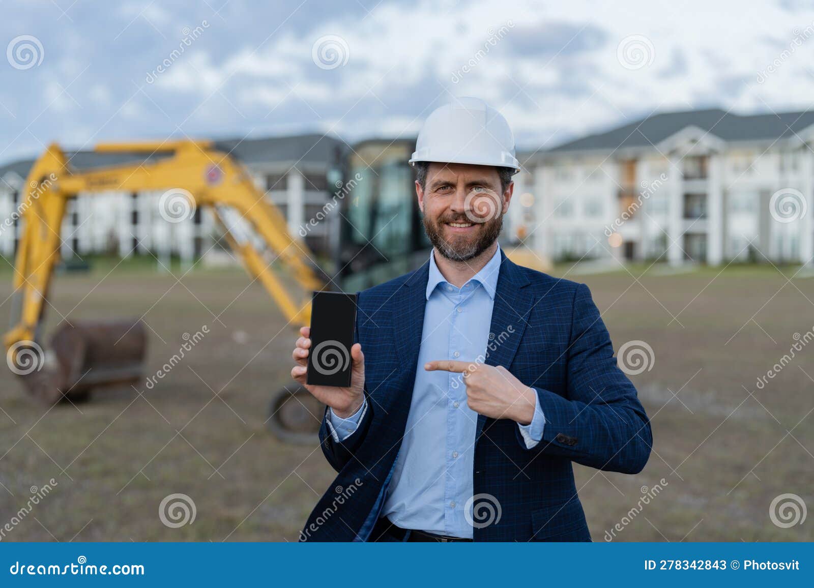 Inspector of Construction Engineering Point Finger on Phone. Inspector ...