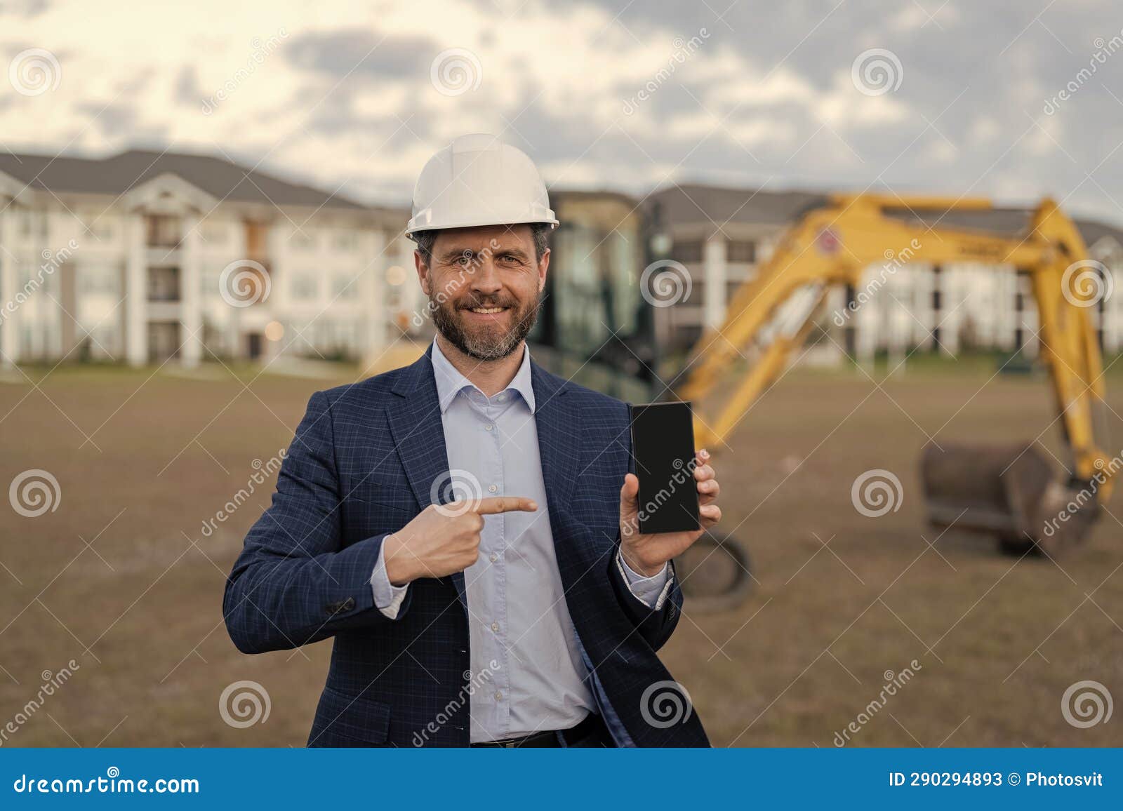 Inspector of Construction Engineering Point Finger on Phone. Inspector ...