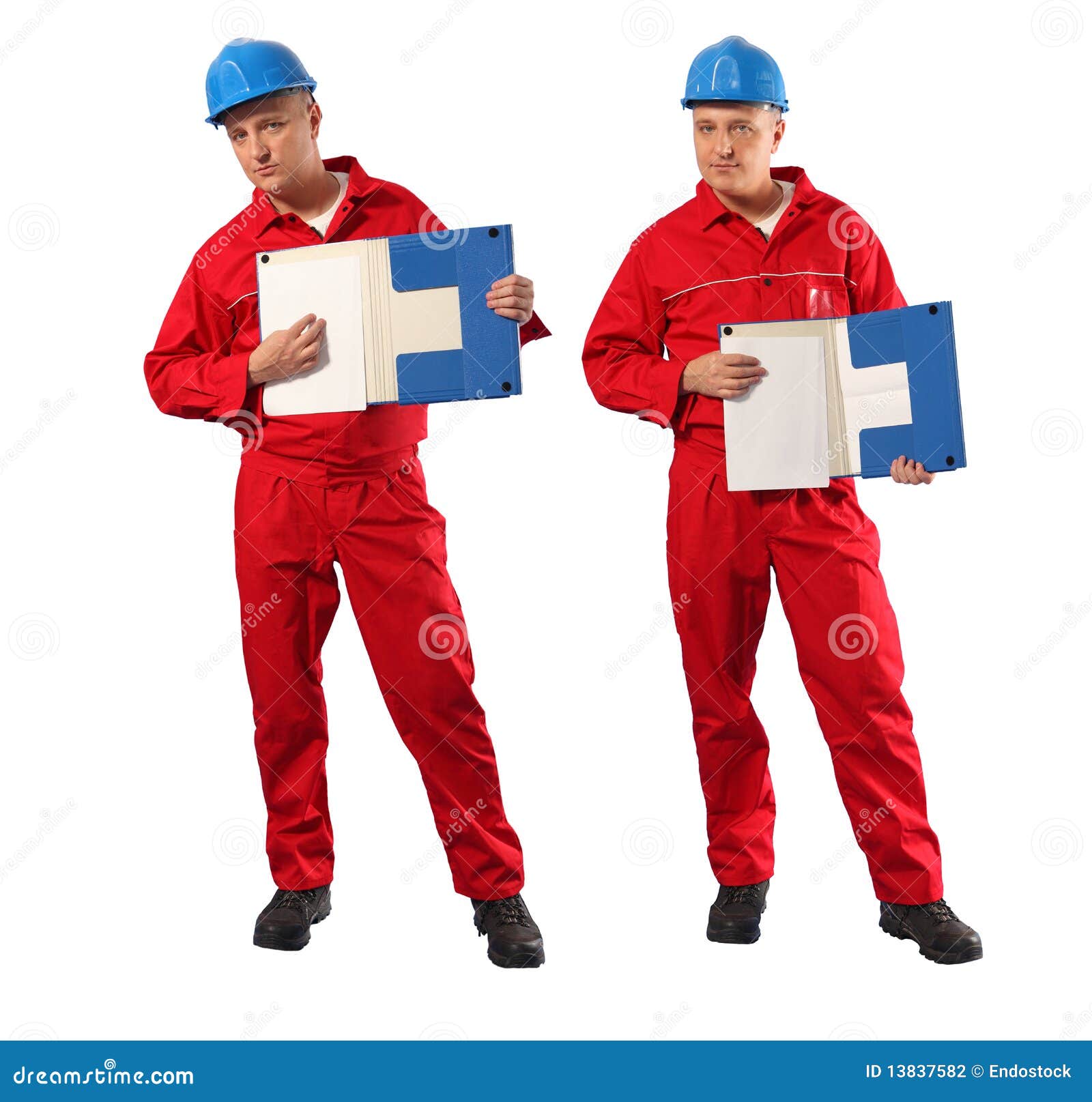 Inspector in Red Uniform and Blue Hardhat Stock Photo - Image of ...