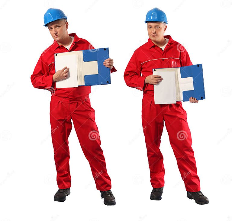 Inspector in Red Uniform and Blue Hardhat Stock Photo - Image of ...