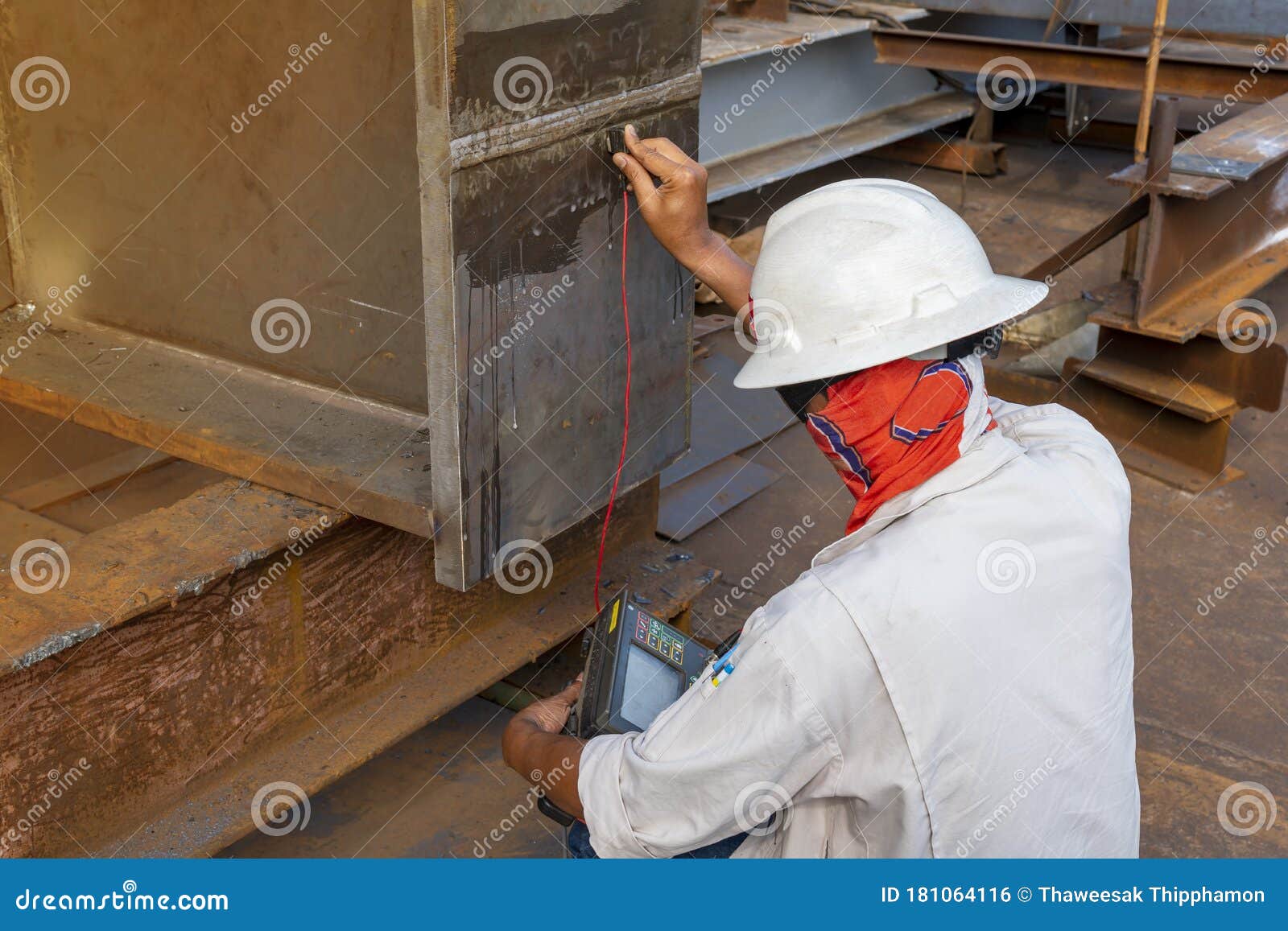 The Inspectors Are Checking Defect In Welded Of Steel Add Joint With ...