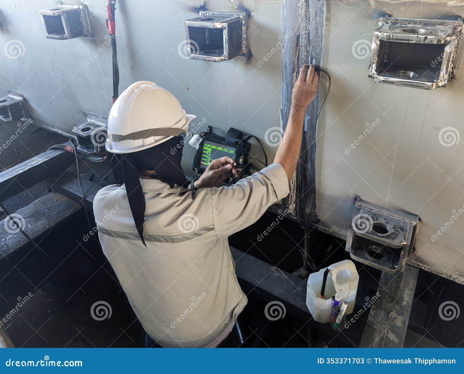 Inspectors are Checking Defects in Welded Steel Plate Add Joints with ...