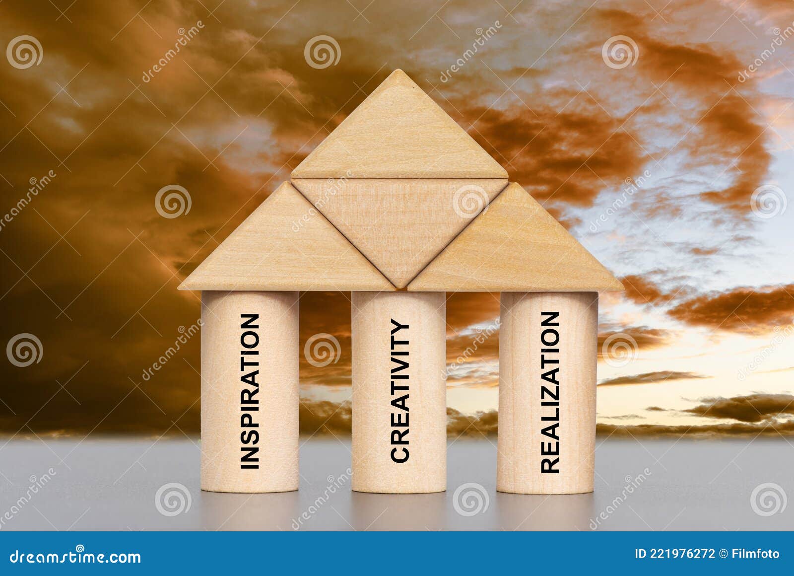 Inspiration, Creativity and Realization Written on Three Pillars Stock ...
