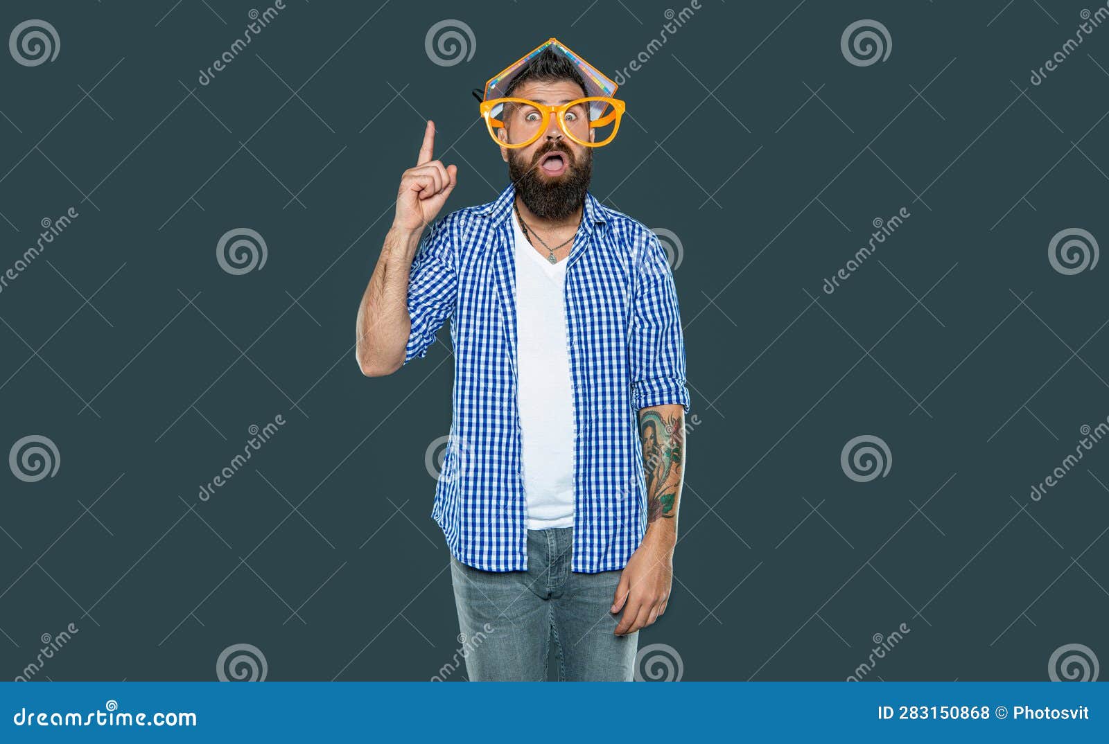 Inspired With Idea Funny Bearded Man In Party Glasses With Book On Head