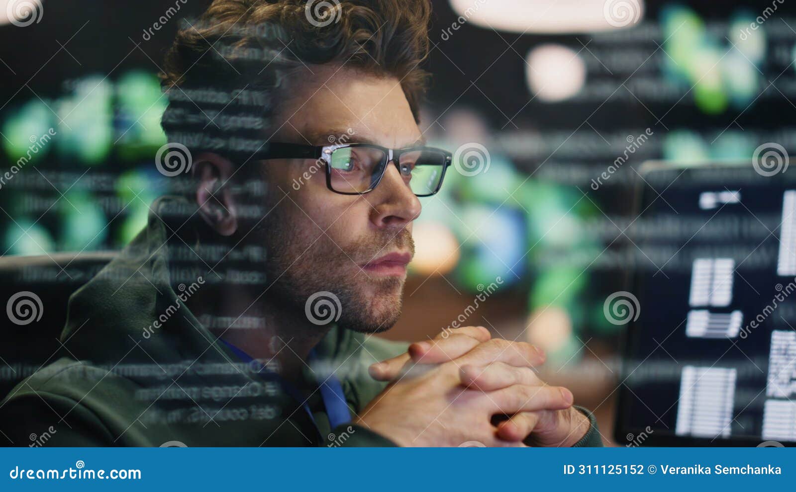 Inspired Software Developer Working Computer in Room Data Reflection ...