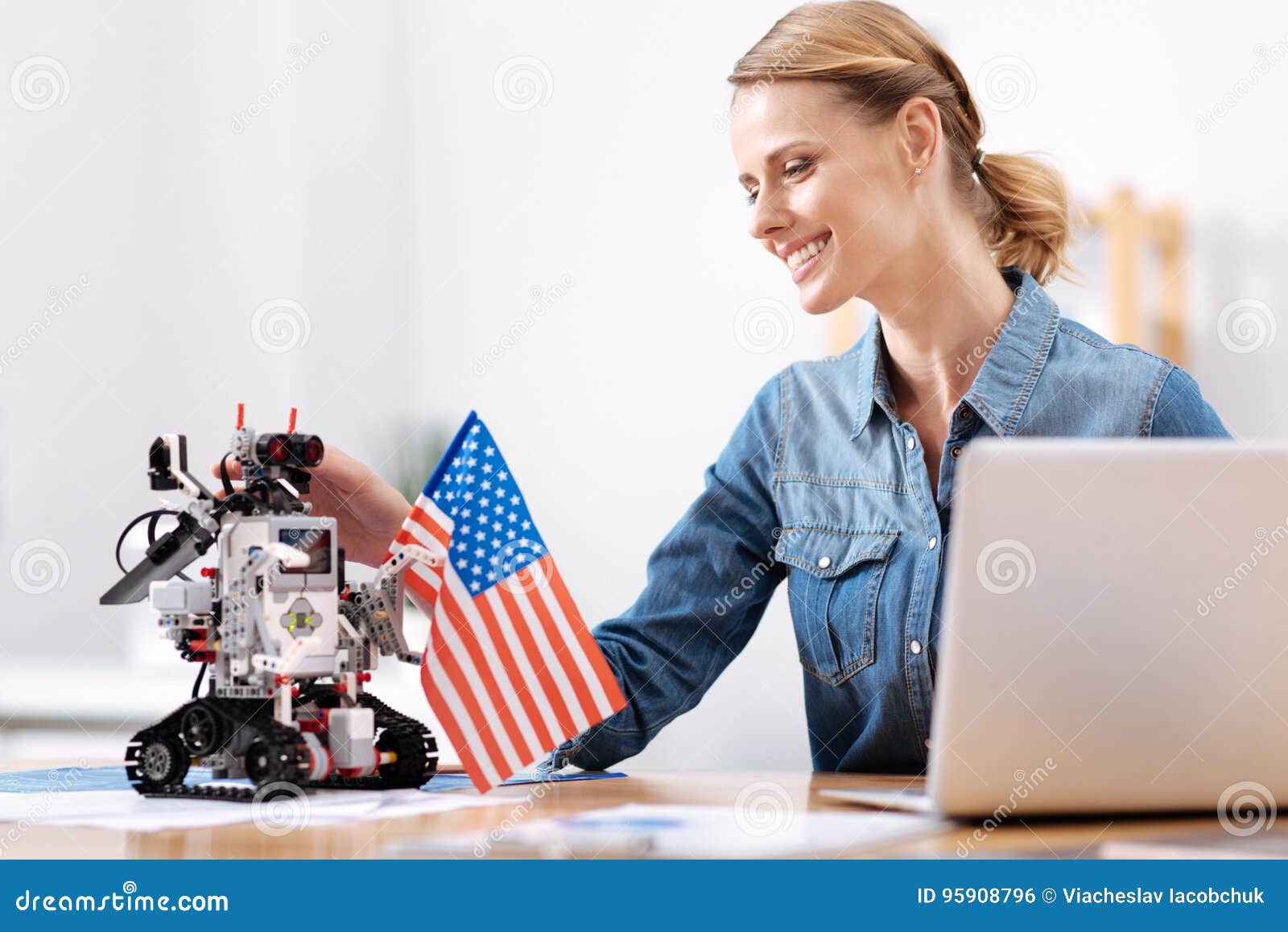Inspired Tech Designer Enjoying Automatic Robot Indoors Stock Photo ...