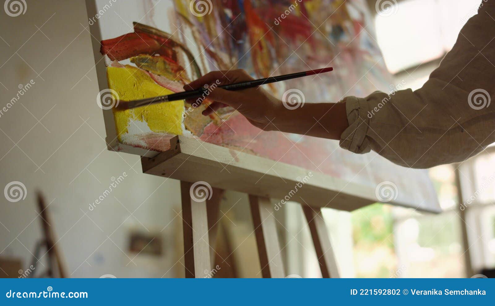 Inspired Woman Making Brush Stroke On Canvas Talented Girl Drawing