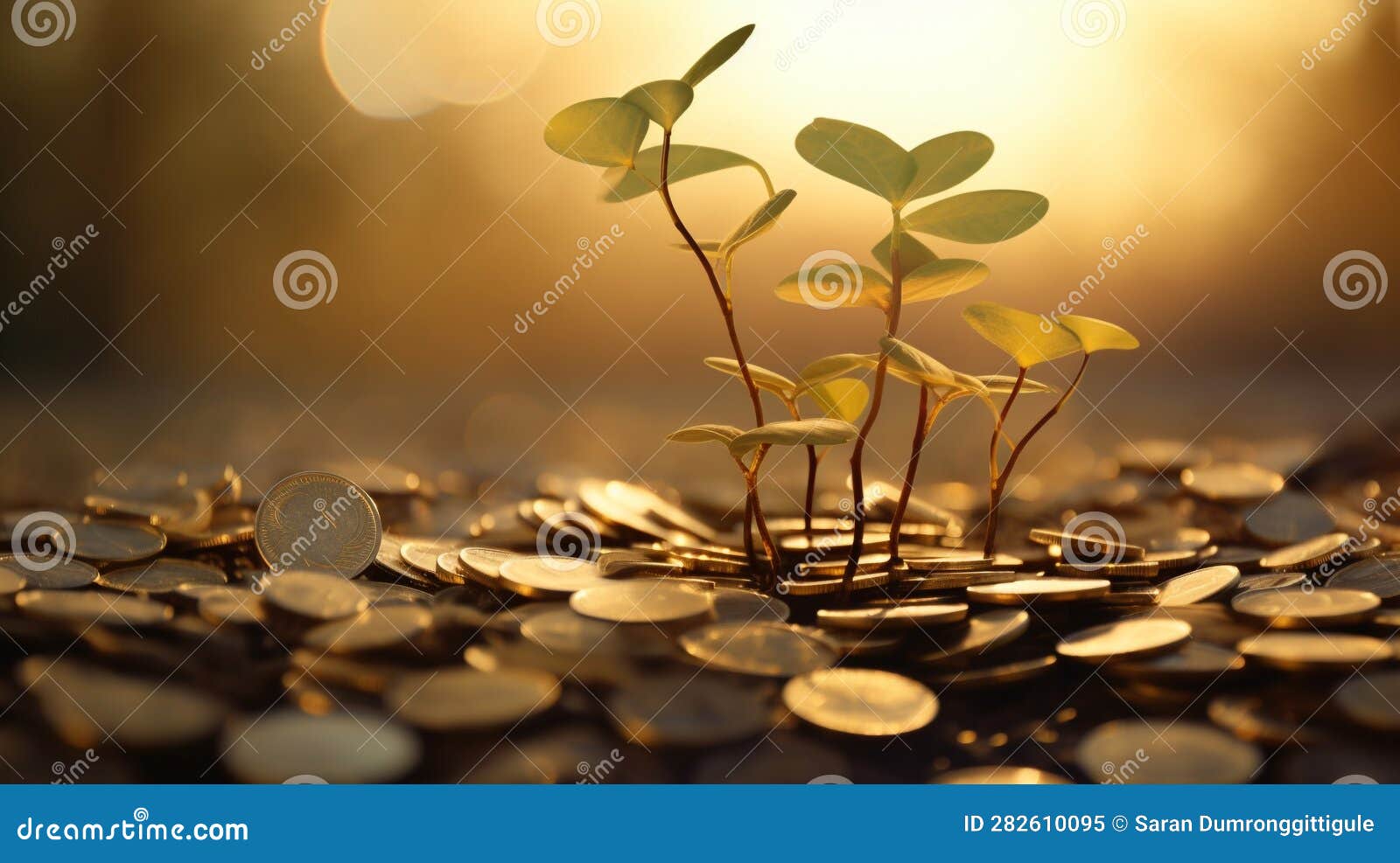 Inspiring Image of a Sprouting Seedling from a Pile of Golden Coins ...