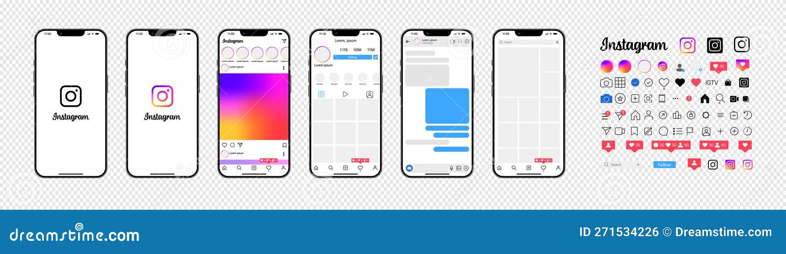 Instagram Mockup with Button. Set Instagram Screen Social Media and ...
