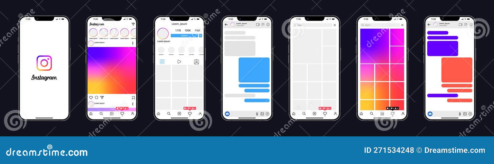 Instagram Template App Screens on Apple Iphone Vector Set. Realistic ...