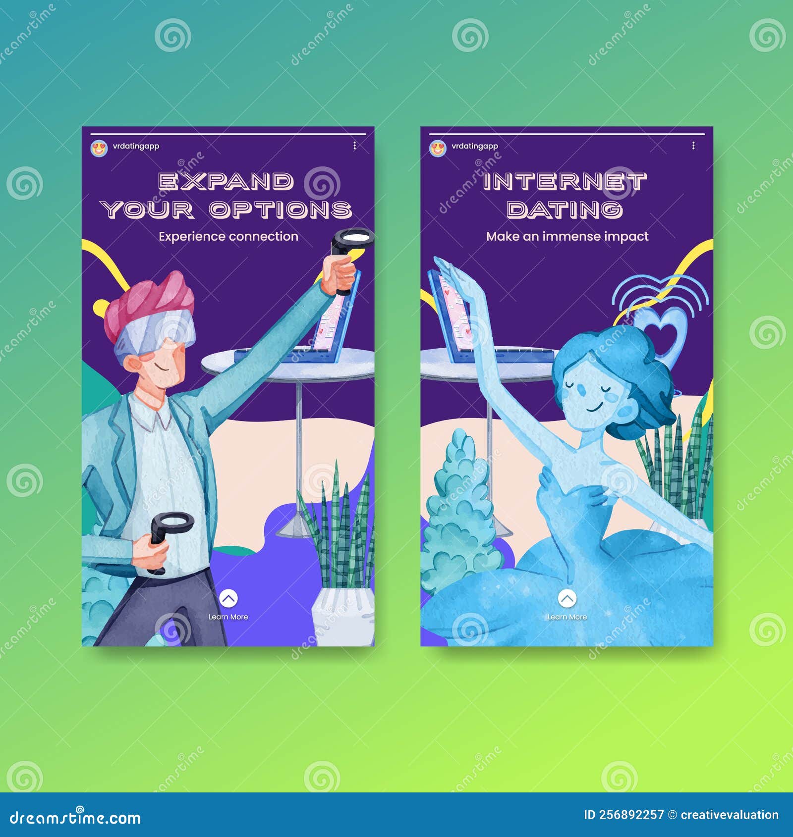 Instagram Template with VR Dating Concept,watercolor Style Stock Vector ...