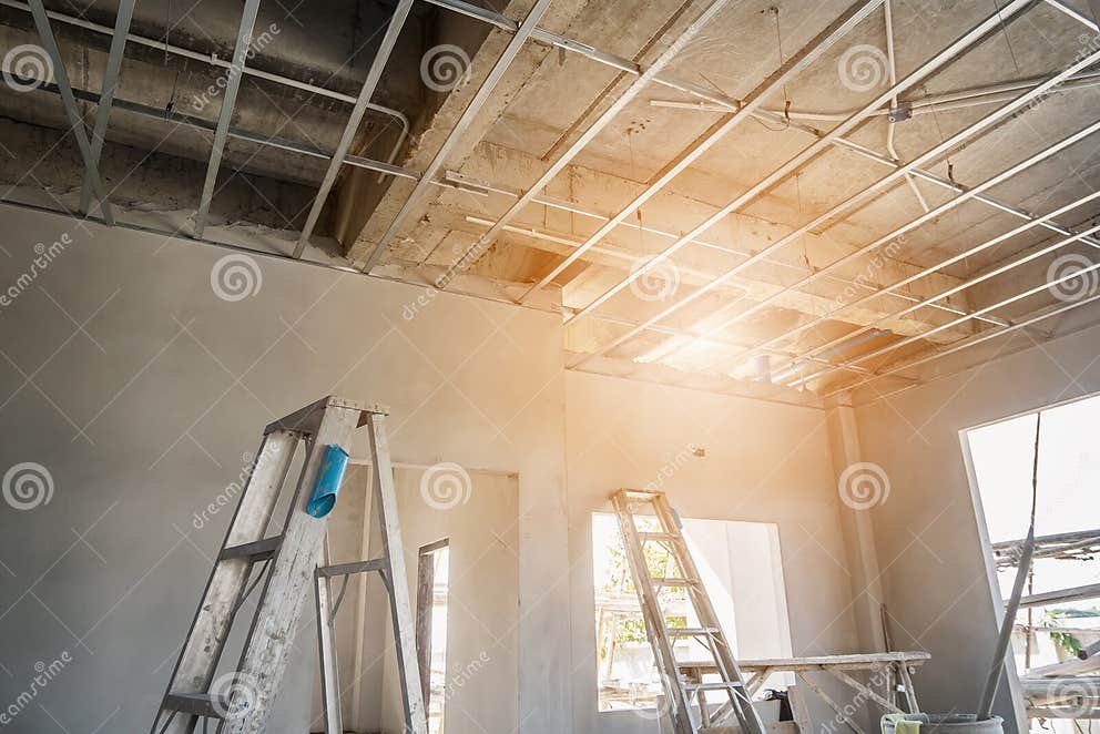 Install Metal Frame for Plaster Board Ceiling Stock Photo - Image of ...