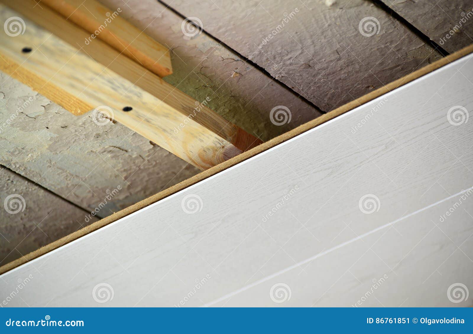 Installation of Ceiling of MDF Panels Stock Image - Image of room, work ...
