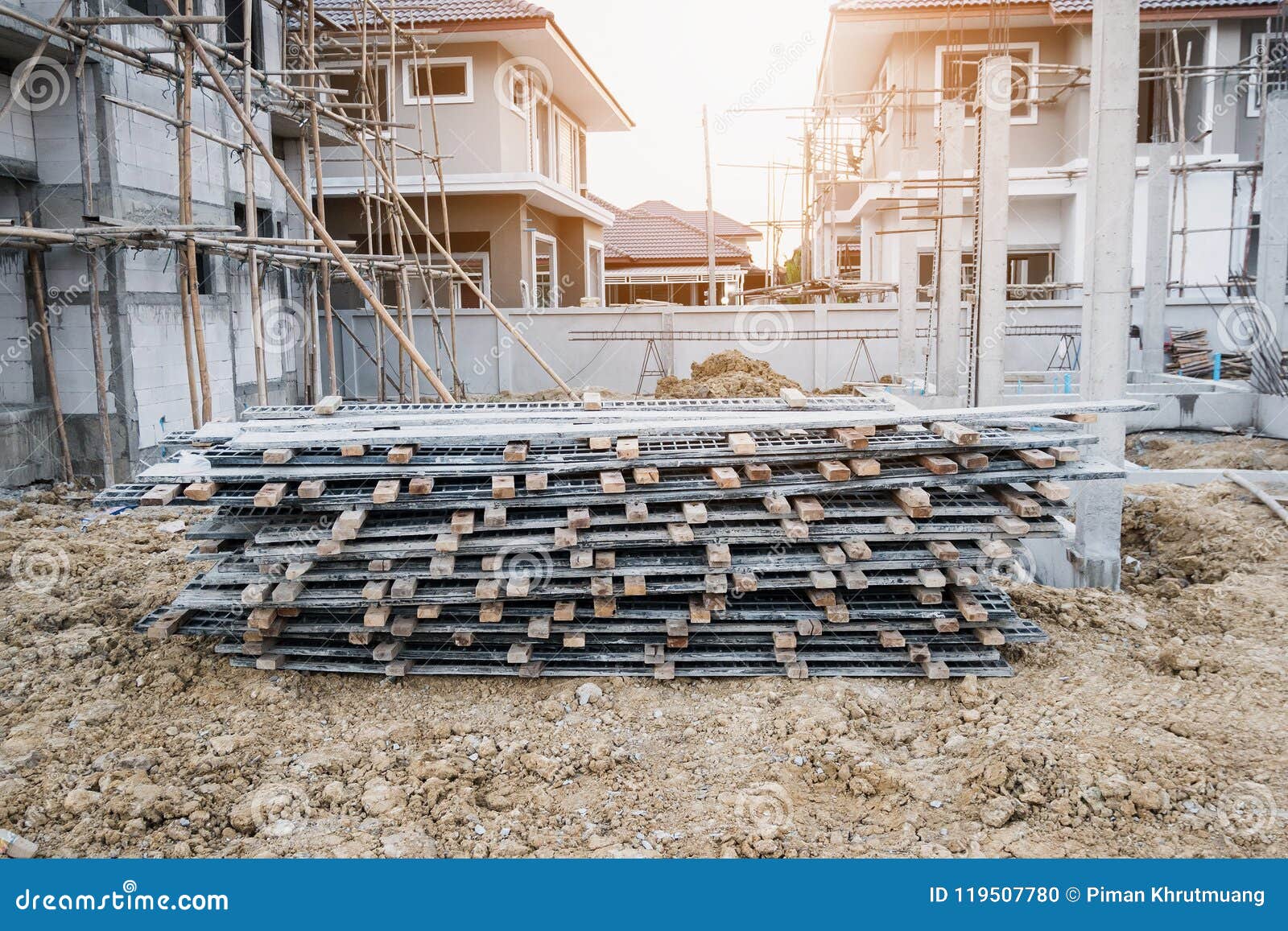 Installation of Cement Formwork Frames To New House Construction Stock ...