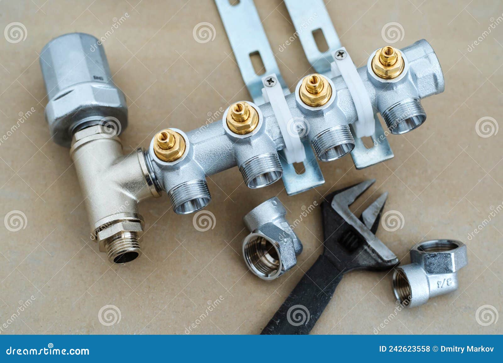 Installation of a Central Heating Distributor. Close-up Stock Photo ...