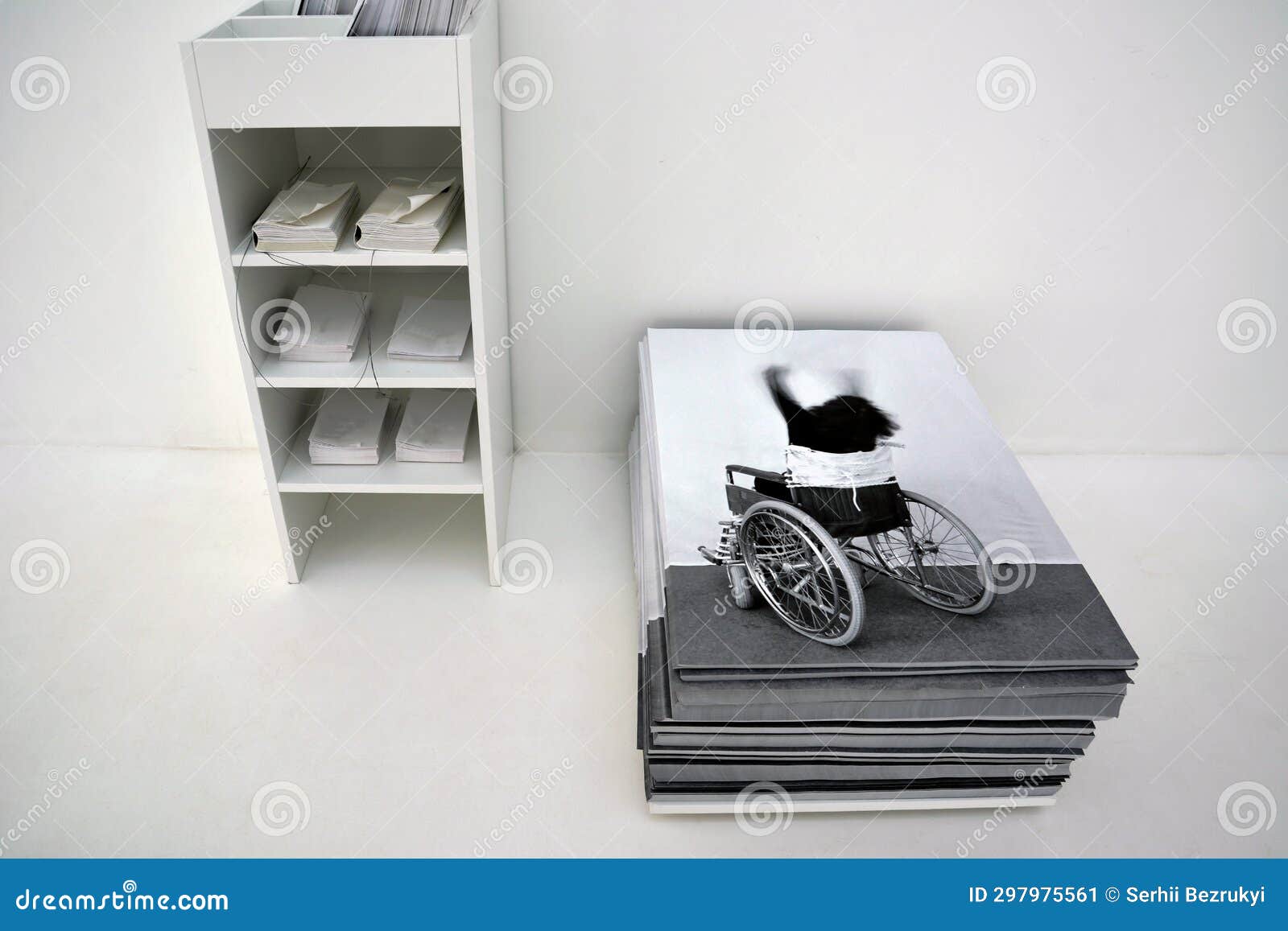 Installation Composition of a Stack of Photos and Bookshelves on a ...