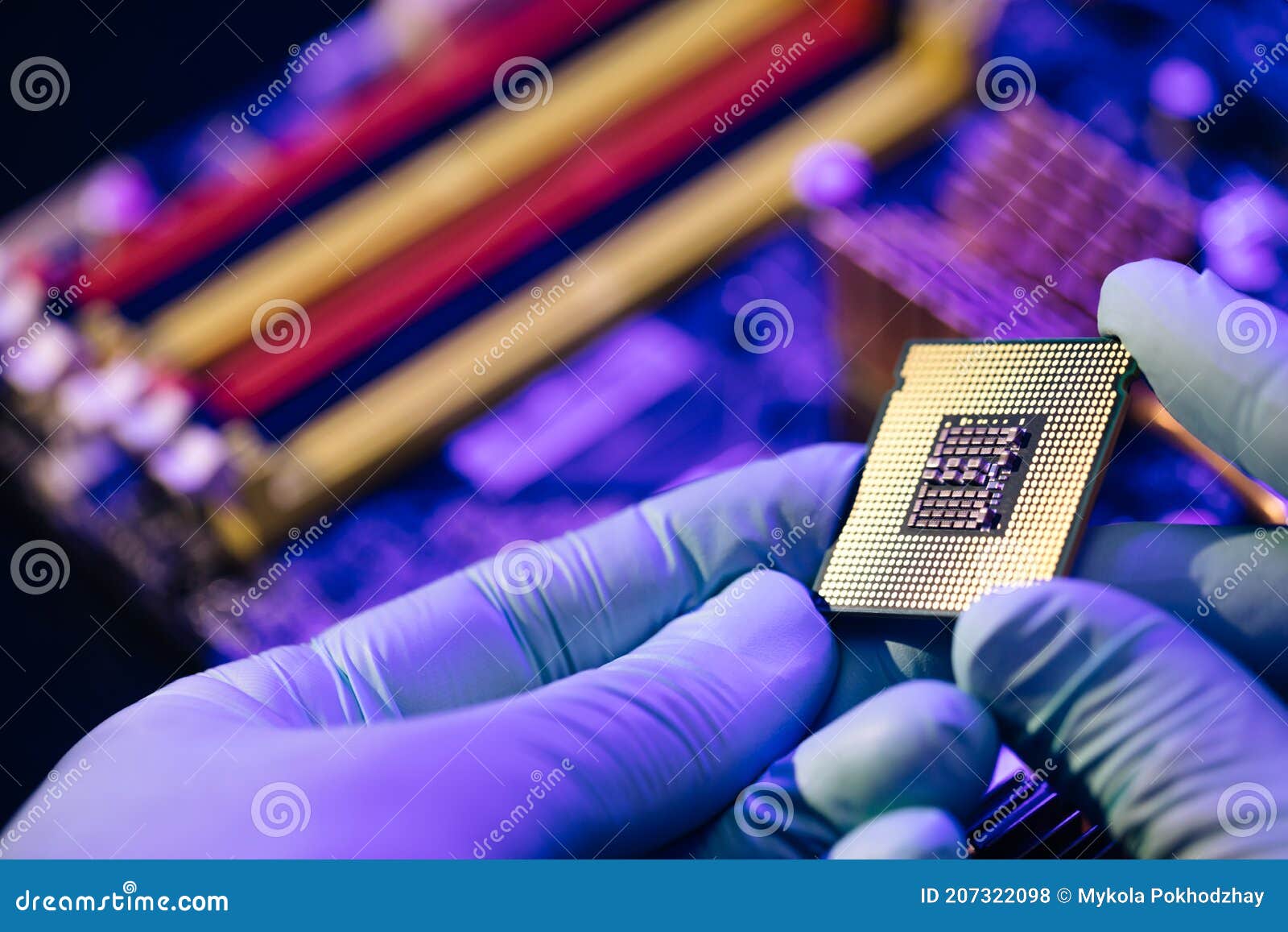Installation of Computer Processor in the Socket. Microprocessor with Clearly Visible Silicon ...