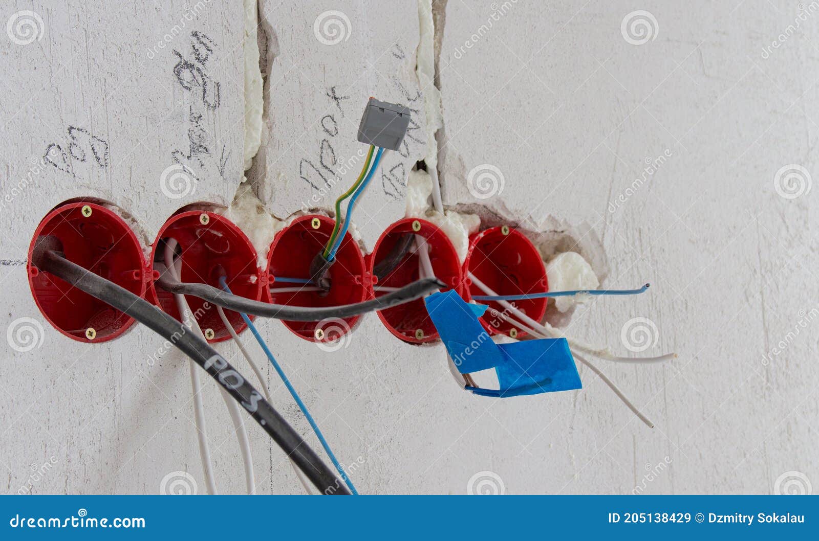 Installation of Electrical Wiring, Red Plastic Boxes and Electrical ...
