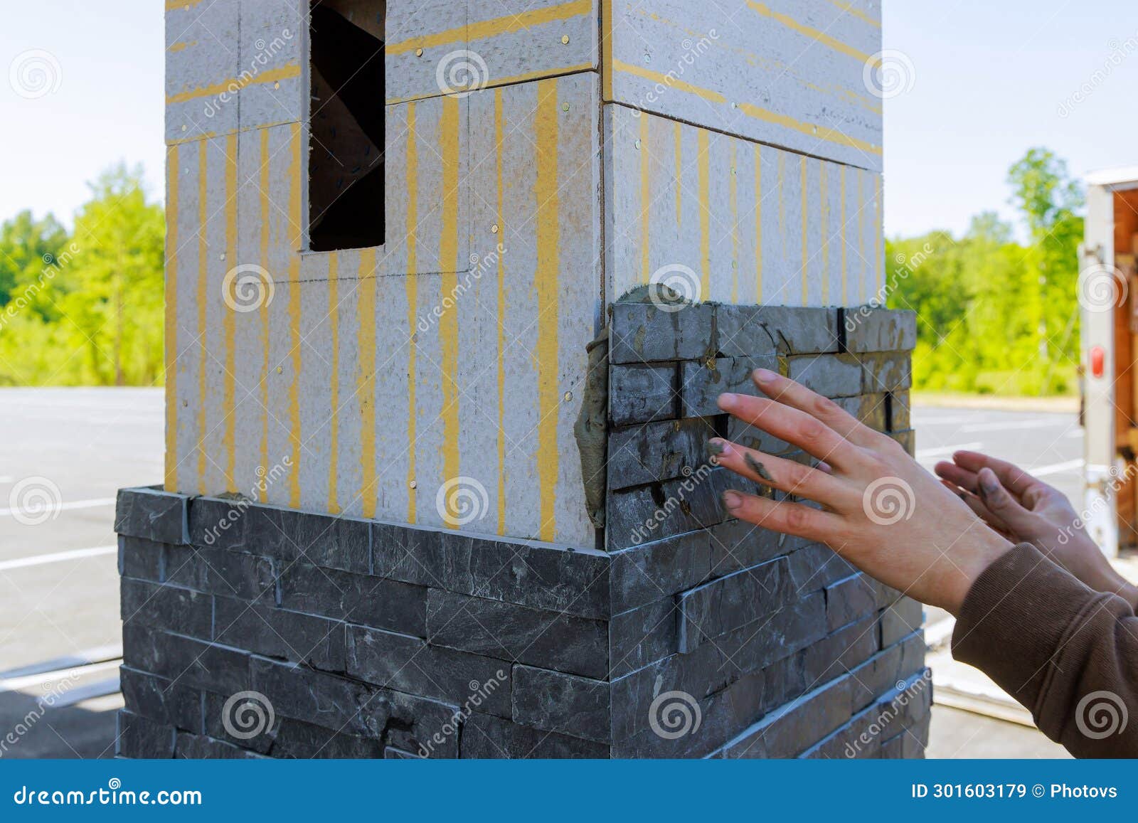 Installation of Facing Tiles on Building Columns by a Tiler Stock Image ...