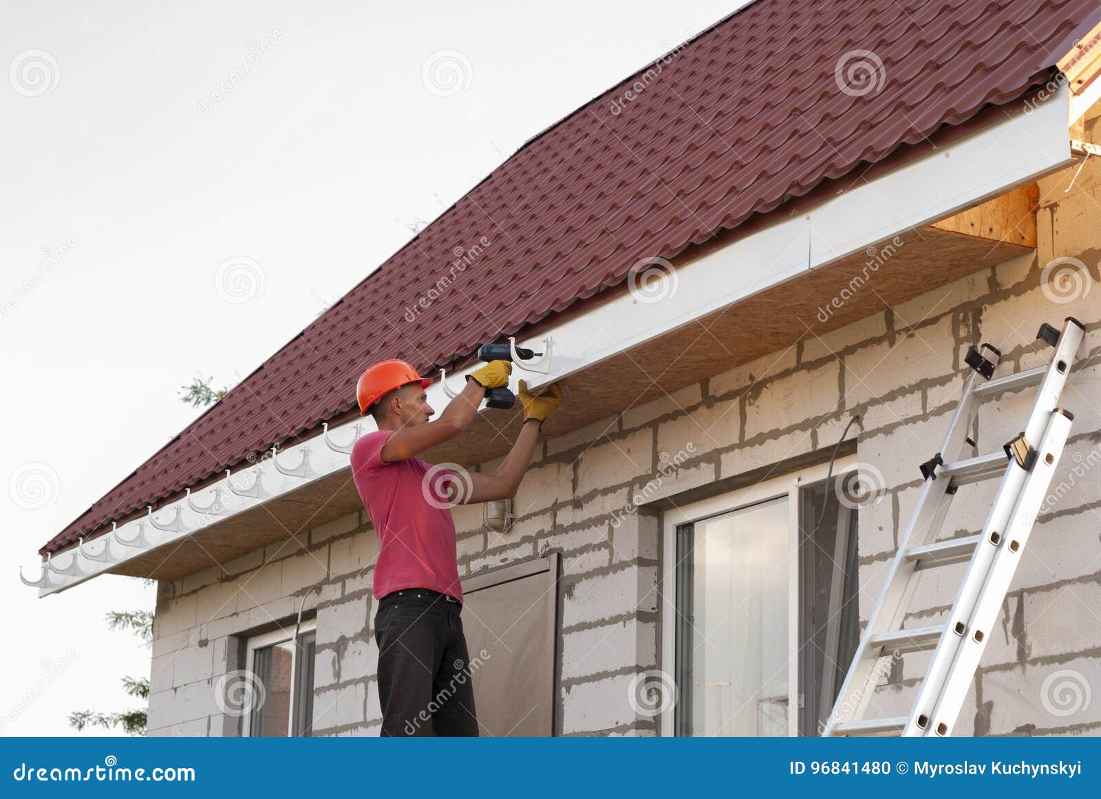 Installation of Gutter System Stock Photo - Image of installing, eave ...