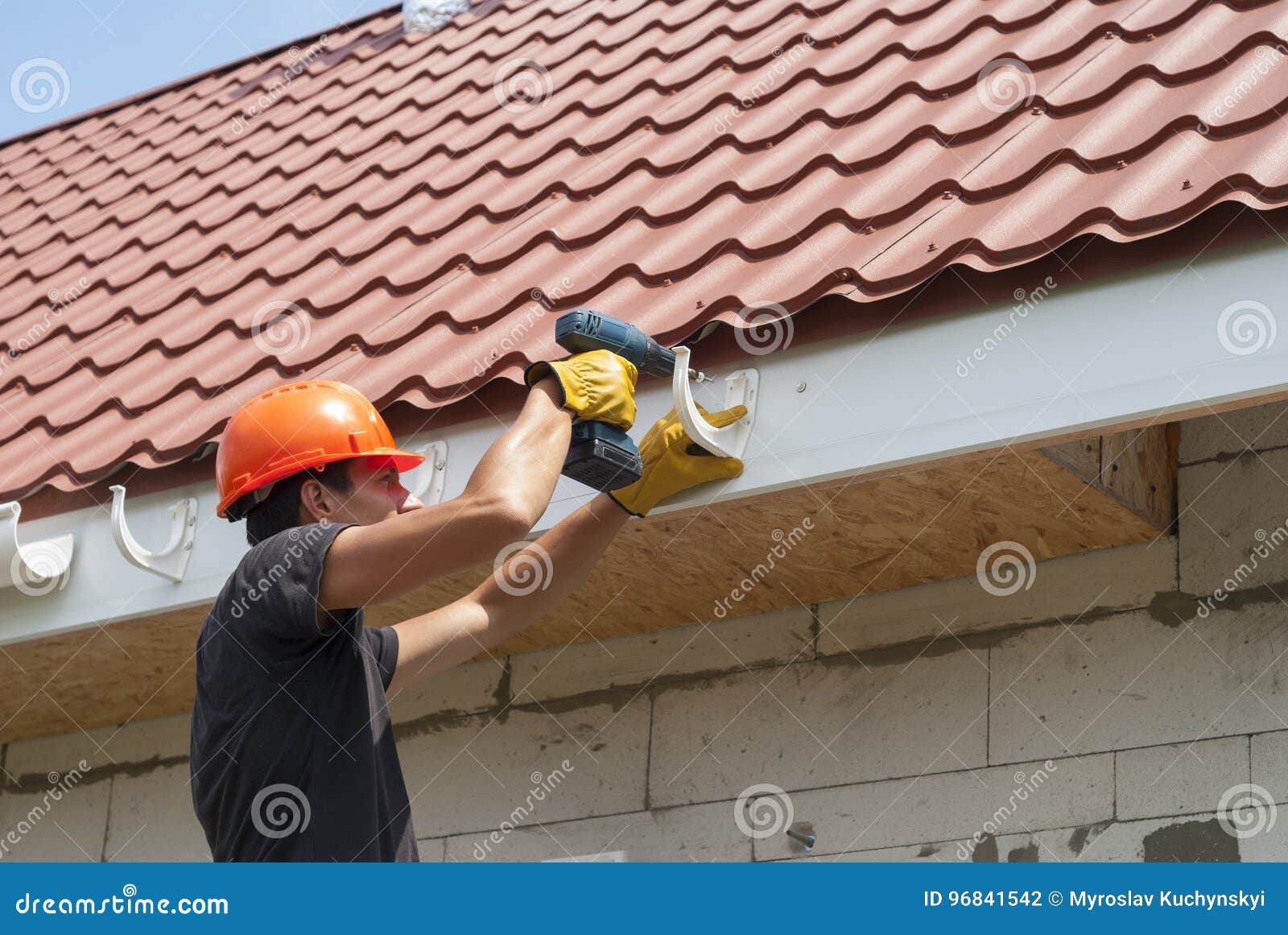 Installation of Gutter System Stock Photo - Image of contractor ...