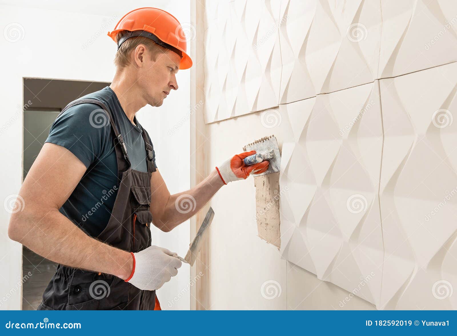 Installation of Gypsum 3D Panel Stock Image - Image of design, adhesive ...