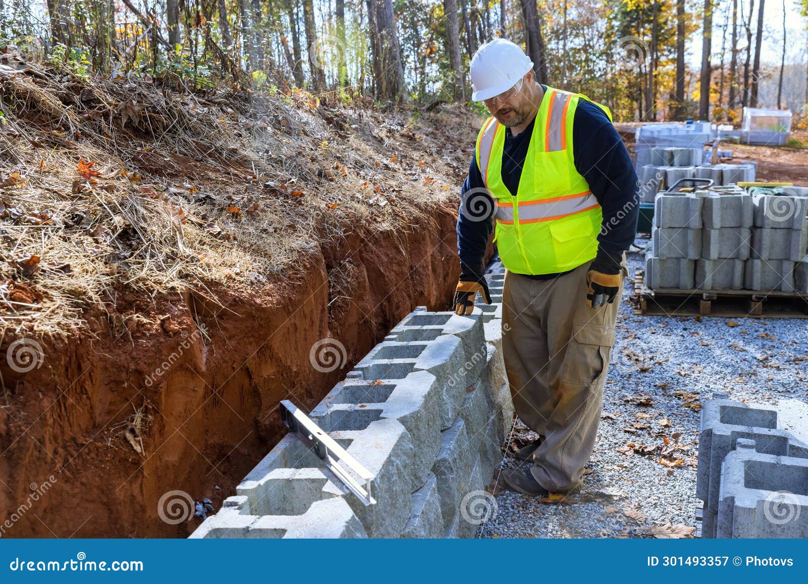 During Installation of a Large Block Retaining Wall on Construction ...