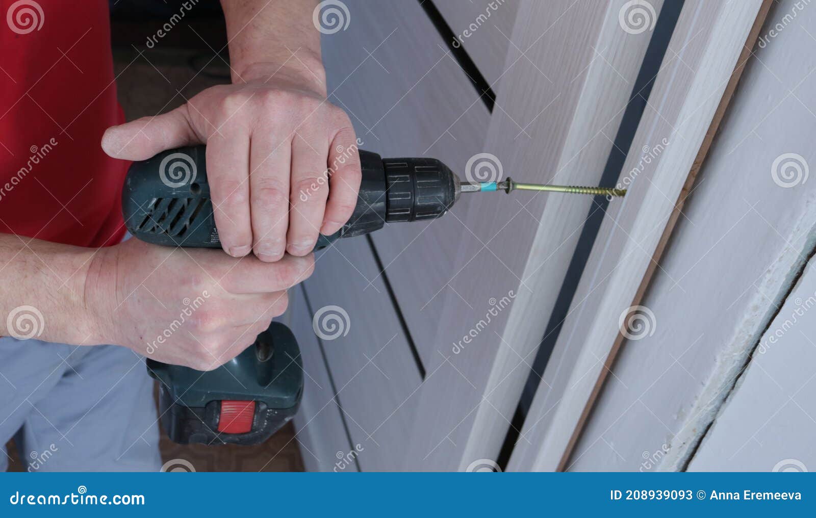 Work with a Drill To Install the Door Frame Stock Image - Image of home ...