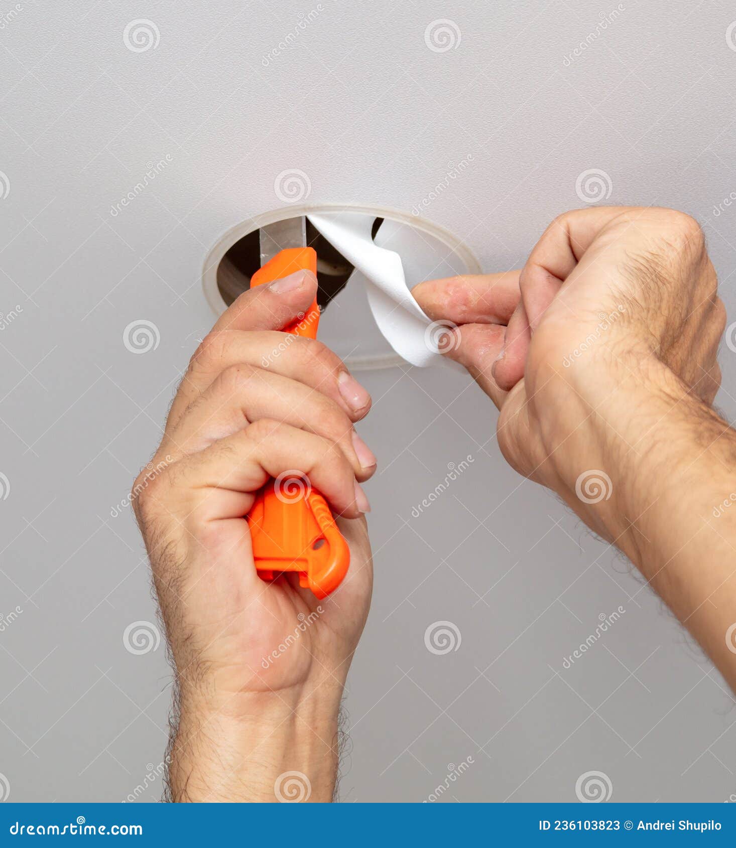 Installation of Lighting on a Stretch Ceiling Stock Image - Image of ...