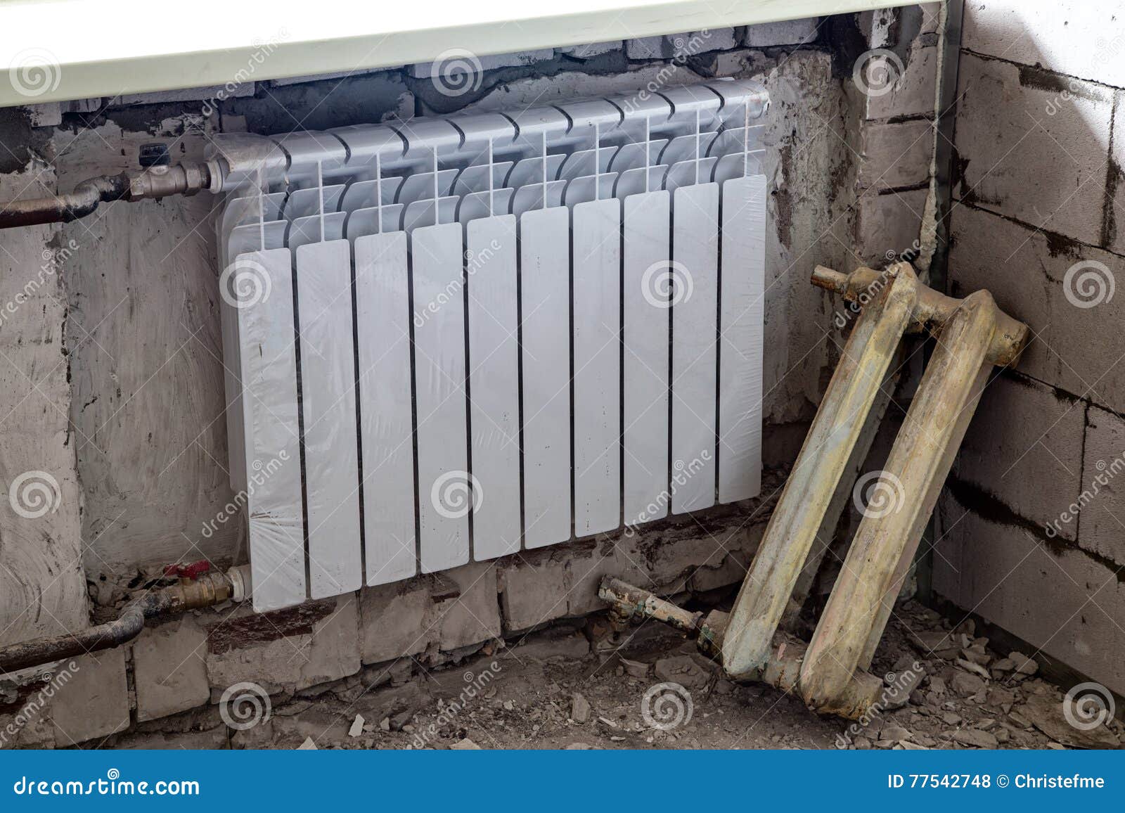Installation Radiator Battery instead Cast-iron Stock Photo - Image of ...