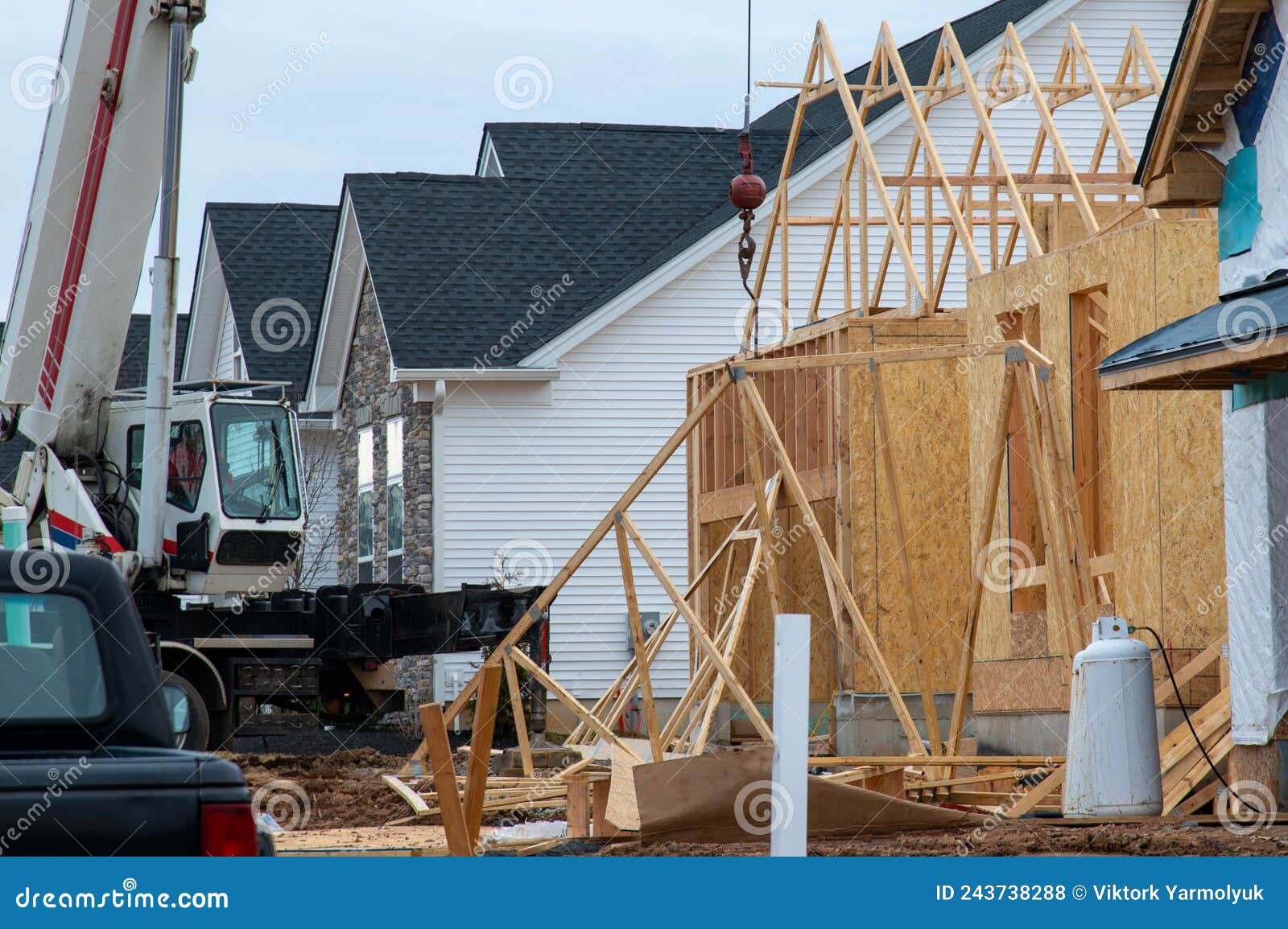 Installation of Rafters with a Crane Stock Photo - Image of planks ...