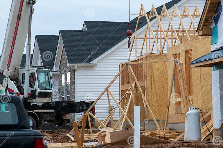 Installation of Rafters with a Crane Stock Photo - Image of planks ...